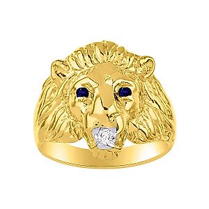 Rylos Conversation Starter Diamonds & Sapphire Eyes & Mouth of this Lion Head Ring Set in 14K Yellow Gold Plated Silver Size 9