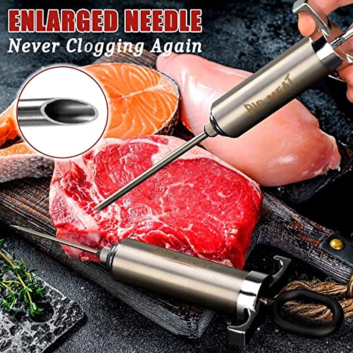 Big Meat Injectors For Smoking - Stainless Steel Meat Injector Syringe Kit, 2oz Large Capacity with 4 Marinade Injector Needles, Flavor Injector and E-Book Recipes