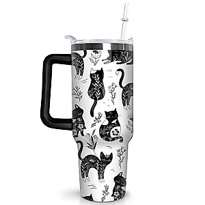 qoepfnsh 40 oz Cat Tumbler with Handle and Straw, Cat Floral Stainless Steel Vacuum Insulated Travel Coffee Mug Cup Water Bottle, Kitty Stuff Accessories Decor, Cats Lover Gifts for Women Girls