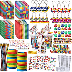 Glenmal 181 Pcs Building Block Party Favors for Boy Girl Block Theme Gift Notebooks Keychains Bracelets Cup Sticker Pencil Sharpeners Thank You Tags for Birthday Classroom Prize Goodie Bag Stuffer