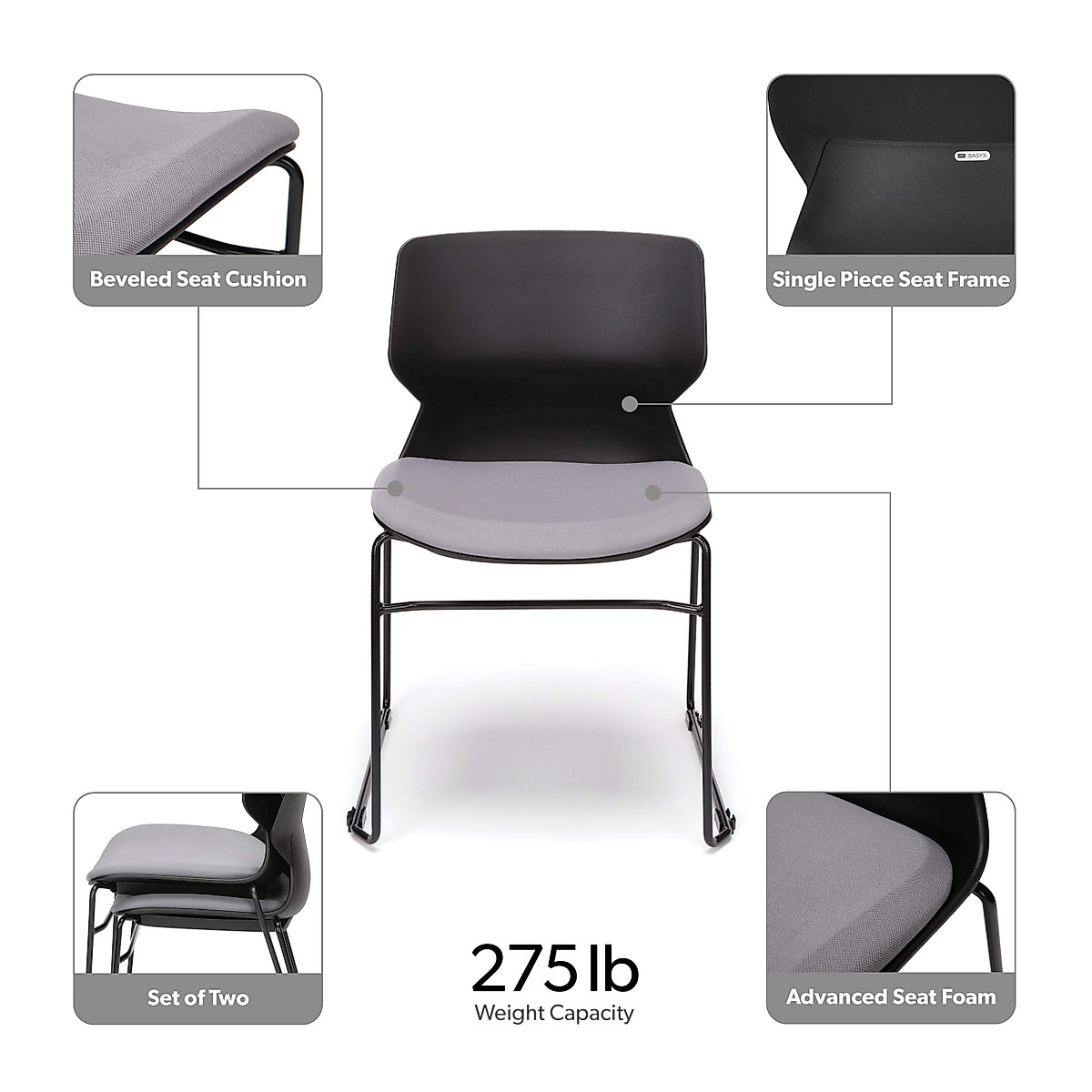 HON Basyx Contempo Guest Chair, Sled Base, 2 Pack, Black/Charcoal