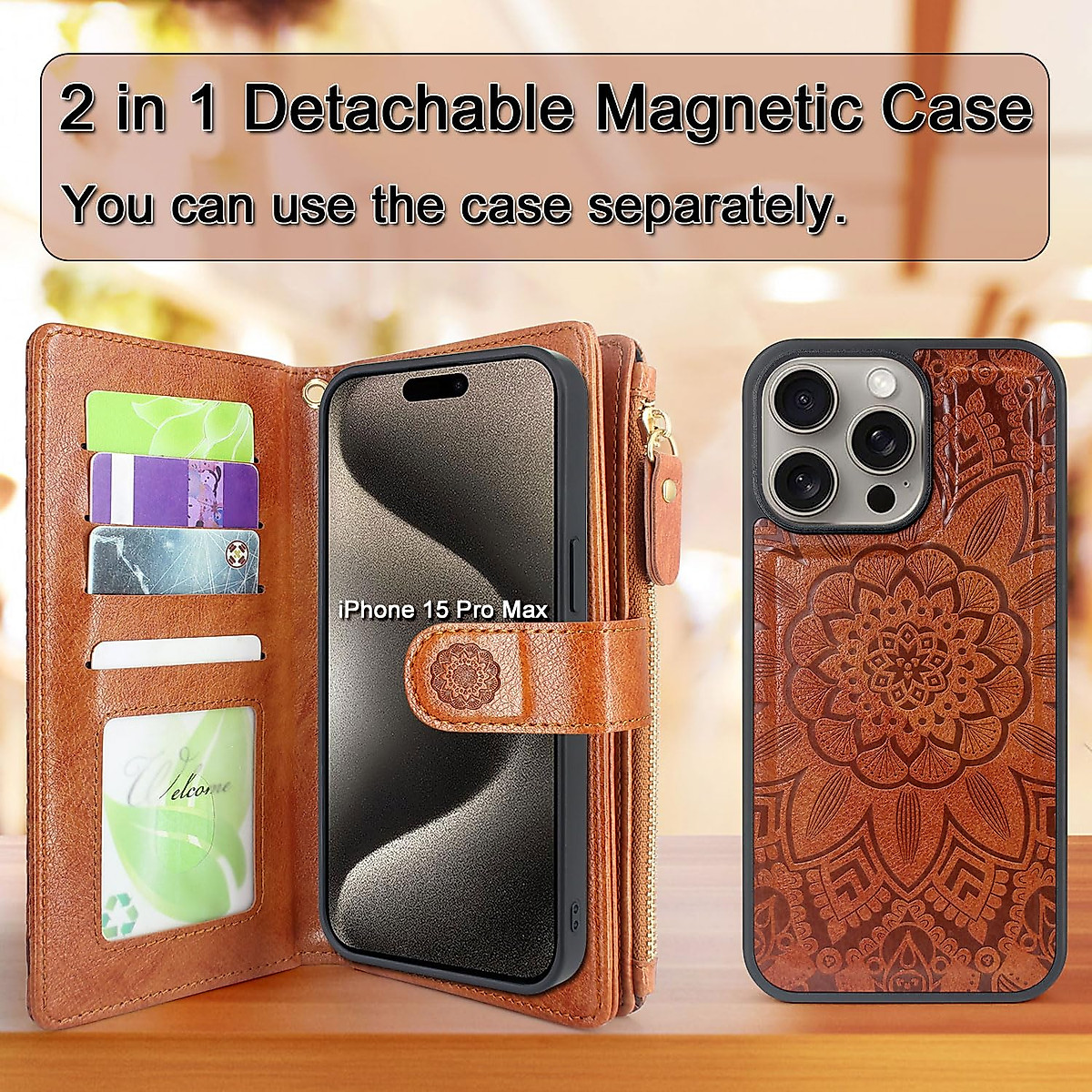 Harryshell Compatible with iPhone 15 Pro Max 6.7 inch 5G 2023 Wallet Case Detachable Removable Phone Cover Zipper Cash Pocket Multi Card Slots Wrist Strap Lanyard (Floral Brown)