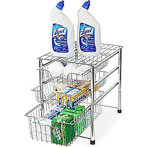 Simple Houseware Stackable 3 Tier Sliding Basket + Single Tier Basket, Chrome