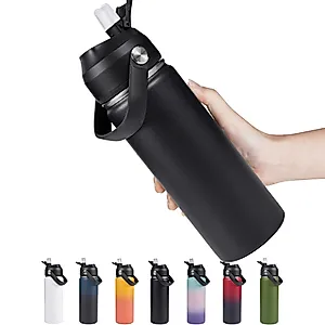 Fijinhom 18oz Insulated Stainless Steel Water Bottle, Wide Mouth Double Wall Vacuum, Silicone Straw, Sweat & Leak Proof, BPA Free Insulated Water Flask for Travel, Keep Cold 24h Hot 12h, Black