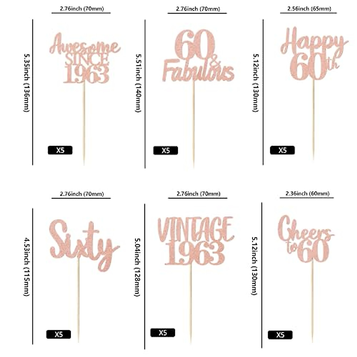 30 Pcs 60th Birthday Cupcake Toppers, Rose Gold Glitter 60th Cake Toppers 60 & Fabulous Cupcake Picks for Happy 60th Birthday Anniversary Party Decorations Supplies (Rose Gold)