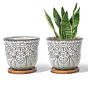 G EPGardening 6 Inch Ceramic Succulent Planter Pot with Drainage Hole and Saucer for Plants Indoor Round Orchid Flower Plant Pot Set of 2 Off White