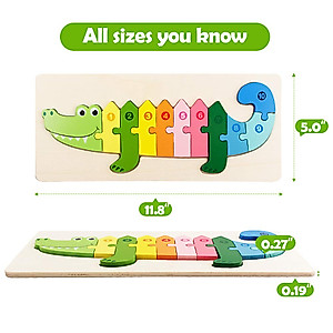 Wooden Jigsaw Puzzle Toy for Toddlers 1-3 Years Old- 3 Sets of Animals Dinosaur Crocodile Monkey,Colorful Wood Numbered Puzzles Baby Infant Kid Preschool Learning Educational Toys.