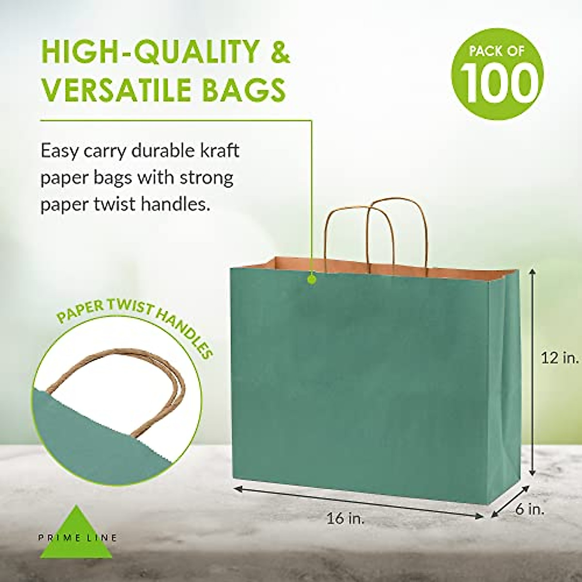 Green Gift Bags - 16x6x12 Inch 100 Pack Large Kraft Paper Shopping Bags with Handles, Craft Totes in Bulk for Boutiques, Small Business, Retail Stores, Birthday Parties, Jewelry, Merchandise