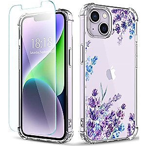 YOYORI iPhone 14 Plus Case with Screen Protector, Flower Pattern Design, Floral Clear Women Phone Case Shockproof Protective Soft TPU Bumper Cover 6.7 Inch 2022 (Lavender/Purple)