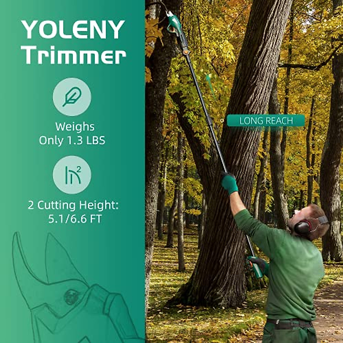 YOLENY Electric Pruning Shears, Cordless Pruning Shears with 5.1/6.6 Ft High Telescopic Pole, Lithium Battery Powered, with Safety Protection, Green