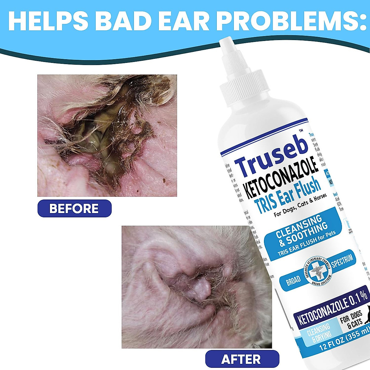 Pet Health Pharma Truseb | Dog Ear Flush Ketoconazole Dog Ear Wash, Cats and Horses, Ketoconazole Tris Ear Flush for Dogs (12 oz) Made in U.S.A (Ketoconazole Ear Flush, 12 oz)