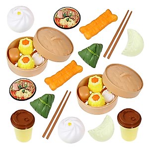 Play Food 26pcs Pretend Play Toy Asia Dim Sum Set Steamer Buns Chinese Breakfast Toy for Kids Food Kitchen Set Cooking Dish Asia Tea Time Birthday Gift, Style Random