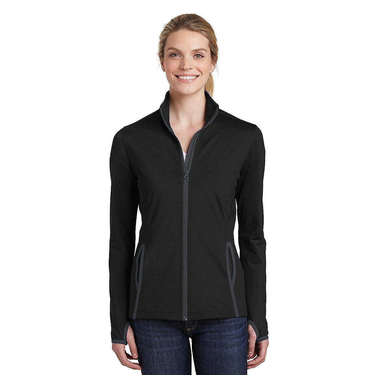 SPORT-TEK Ladies Sport-Wick Stretch Contrast Full-Zip Jacket. LST853