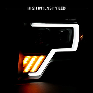 AmeriLite Projector Headlights Halogen, Led, Bar and Turn Signal Set For Ford F150 - Passenger and Driver Side, Vehicle Light Assembly, Black
