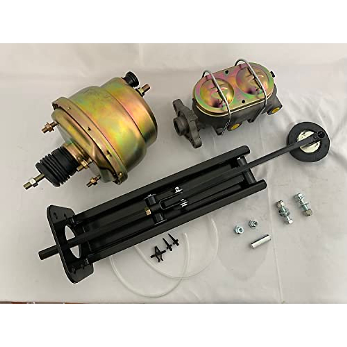 BST BSSP Universal Firewall Mount Power Brake Pedal Assembly w/ 7" Dual Booster & Master Underdash Mount Master Cylinder Disc Kit Standard Cast Iron & Zinc Plated