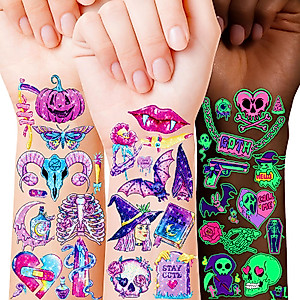 Sixberry Glitter Halloween Temporary Tattoos for Girls, 20 Sheets Glow in the Dark Tattoo Stickers for Kids Women Men Halloween Cosplay Costume Accessories Party Favor Decorations Supplies