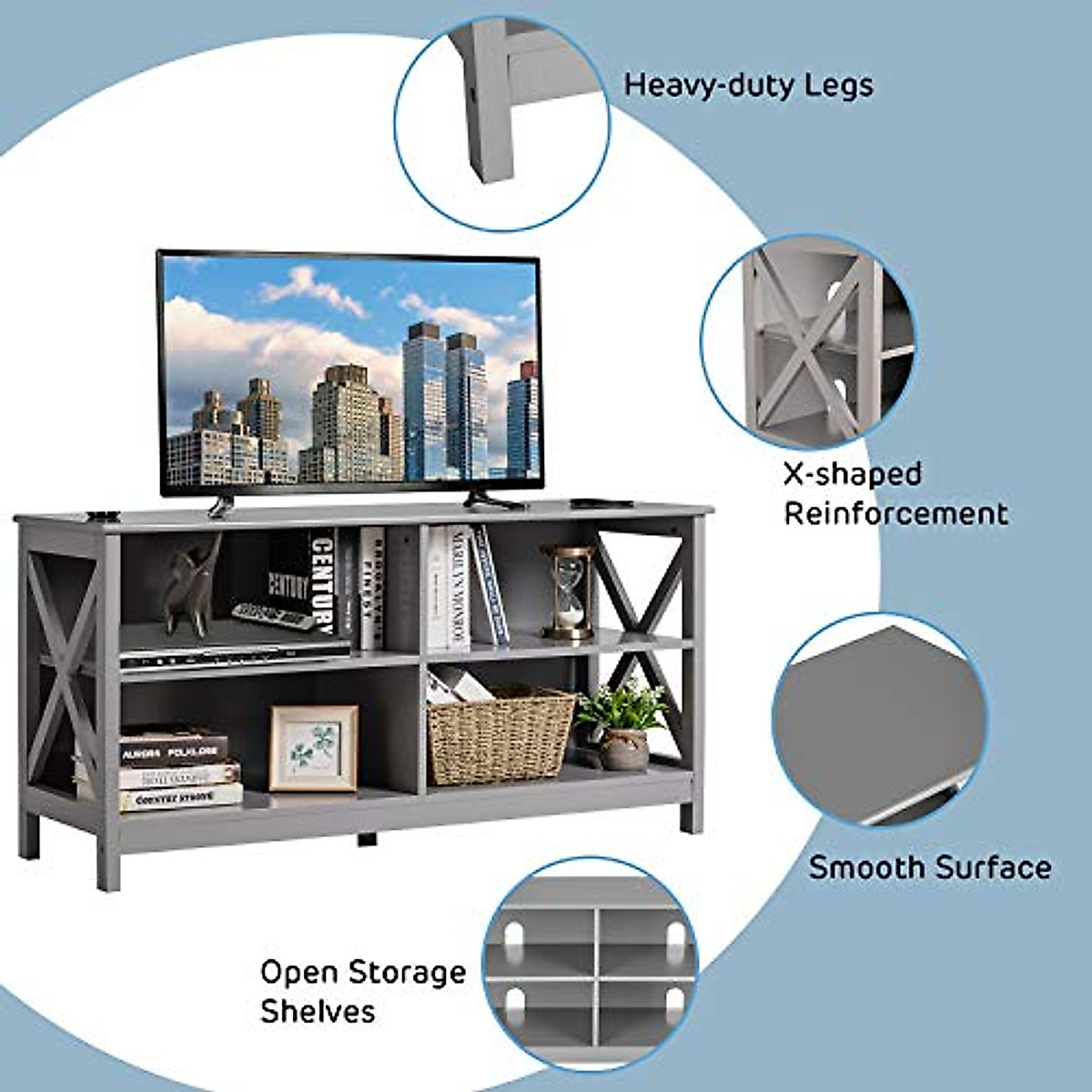 Tangkula TV Stand for TVs up to 55 Inches, 47" Farmhouse Entertainment Center with 4 Open Shelves & Built-in Cable Holes, TV Console Table with X-Shaped Frame for Living Room (Grey)