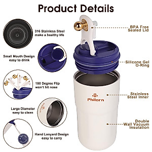 PHILORN Coffee Tumbler -15 oz Insulated Coffee Mug with Lid, Spill Proof Insulated Tumbler Thermal Cups for Hot and Cold Drinks, Stainless Steel Travel Coffee Mug Coffee Thermos with Double Wall