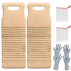 PINGEUI 2 Pack Bamboo Washboard, Anti-slip Wood Washing Clothes Washboard, Washboard for Laundry, Included 2 Pair Rubber Gloves and 2 Soap Net