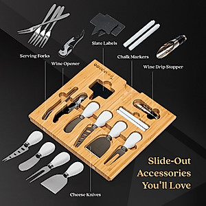 Bamboo Charcuterie Board Set of 26 Pcs - 16×13×2 Inches 4 Drawer Bamboo Board Set with Fruit Tray, Ceramic Dipping Bowls, Cutting Tools, Wine Opener, Cheese Platter Accessories (End-Grain)