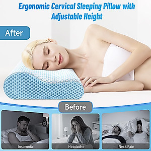 CloudBliss Neck Pillow for Sleeping, Ergonomic Cervical Neck Pillow for Neck Pain Relief, Memory Foam Pillow fit Neck Contour, Bed Pillow for Side Back Stomach Sleepers (Blue, Standard Size)