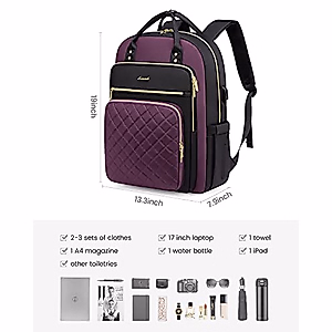 LOVEVOOK Laptop Backpack Purse for Women, 17" Laptop Bag with USB Port, Water Resistant Lightweight Daypacks for College Travel Work Business, Nurse Teacher Computer Bags, Purple Black