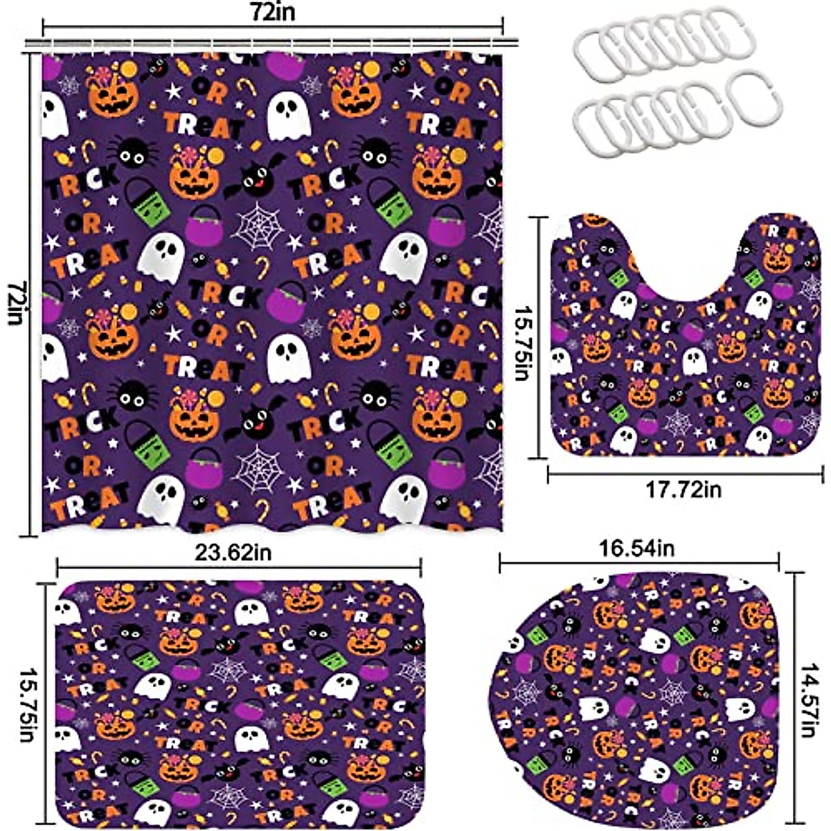 4PC Purple Halloween Bathroom Shower Curtain Sets, Pumpkin Ghost bat Bathroom Sets, Sweet Candy Bathroom Sets with Rugs and Accessories ,for Bathroom Decoration