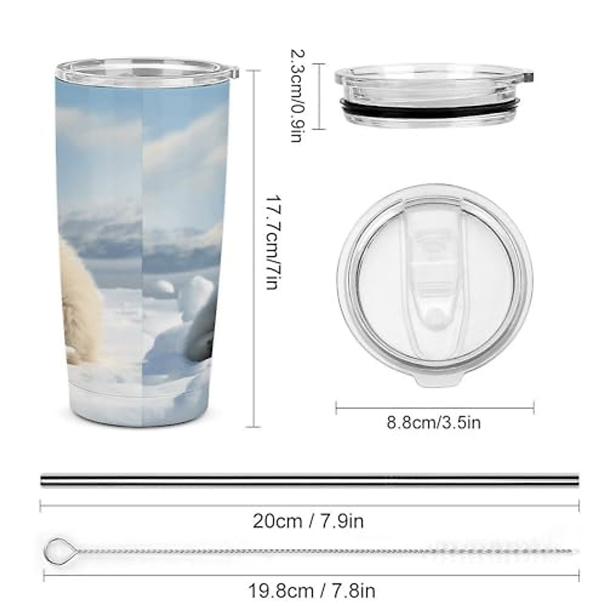 FHENMSA Stainless Steel Insulated Travel Coffee Mug,Cute Polar Bear Print Reusable Car Cup,Thermal Cup for Outdoor with Straw And Lid