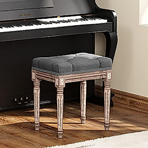 Yusong Vanity Stool Upholstered Bench Seat for Makeup Room, Vintage Small Bedroom Dining Bench with Tufted Fabric for Living Room, Piano Stool with Rustic Wood