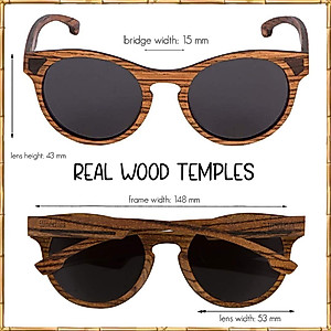 Woodies One-Bridge Classic Round All-Wood Sunglasses | Panto Shape, Dark Polarized Lens | 100% UVA/UVB Ray Protection