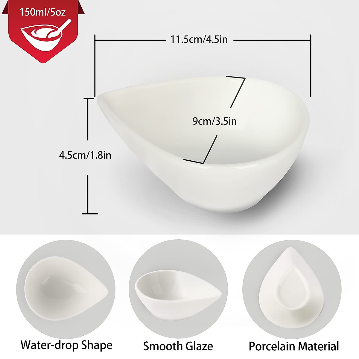 Keponbee Ceramic Dip/Dipping Bowls Set Small White Porcelain Soy Sauce Dish/Bowls Set of 6 - Good for Dessert, Cereal,Ketchup, Soy Sauce, BBQ and Other Party Dinner, 5oz/pc