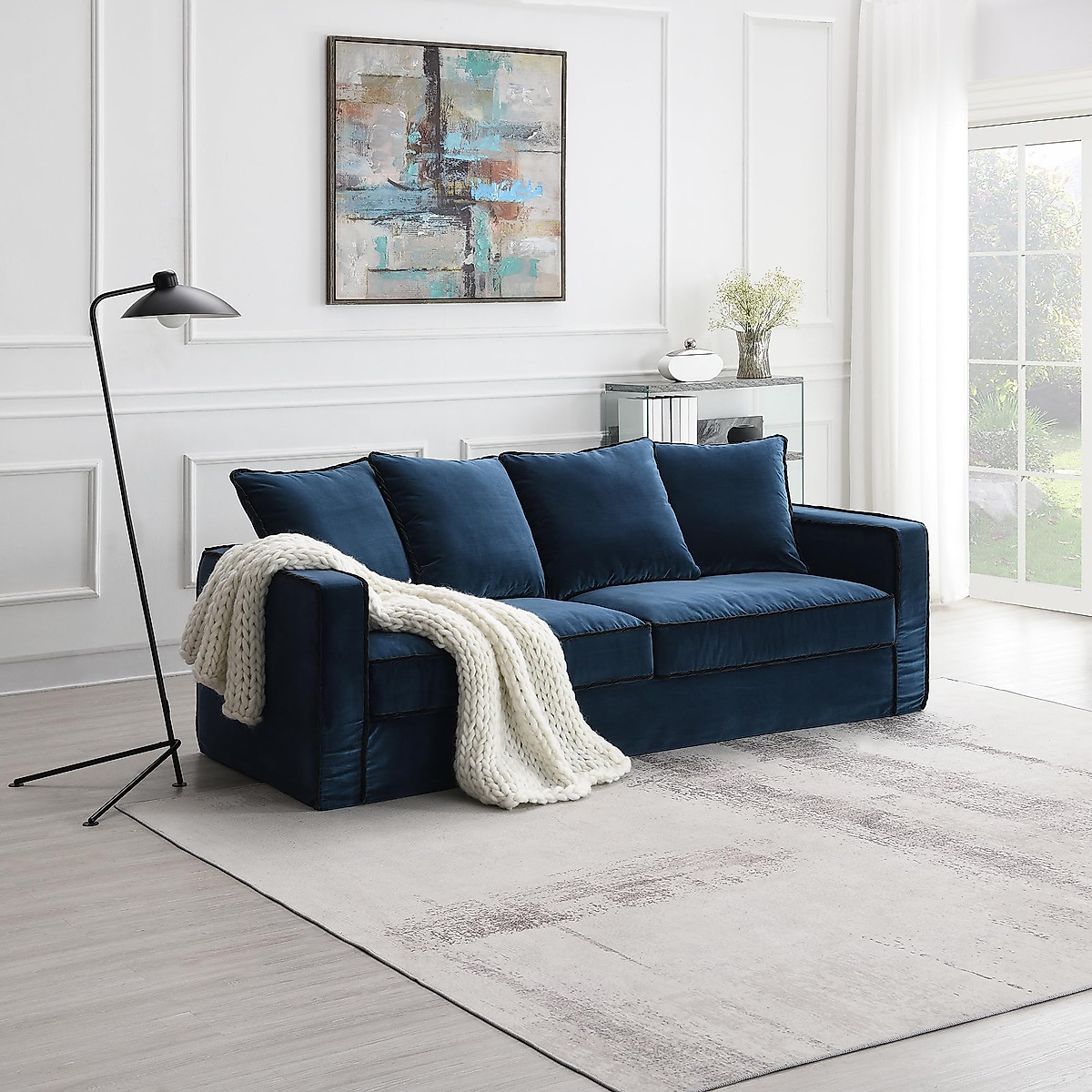 LULUTONG 83.5" Upholstered Velvet Fabric Romovable Covers Sofa, 3 Seater Cozy Couch Washable Covers, Comfy Slip Cover Sofas Couches for Living Room, Bedroom, Office, Studio, Apartment - Navy