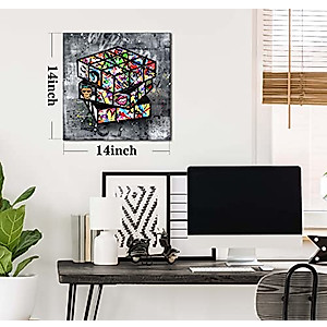 SIXTTART Banksy Canvas Wall-Art for Bedroom - Street Graffiti Wall Art - Abstract Painting Pop Art Wall Decor Modern Home Office Decor 14" W x 14" H Stretched and Framed Ready to Hang