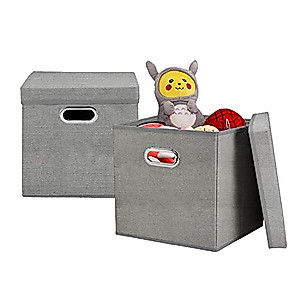 Collapsible Storage Bins With Lids, Linen Fabric Foldable Storage Boxes Closet Organizer Containers With Cover For Home, Office, Bedroom Nursery [2-Pack] (Gray, Metal Handle)