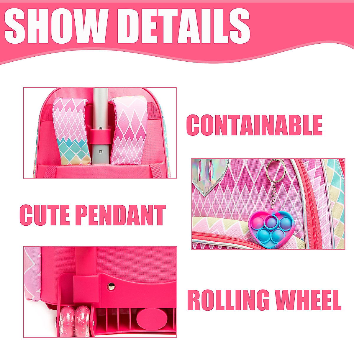 ZBAOGTW Unicorn Rolling Backpack for Girls Wheeled School Backpack 3 in 1 Girls Rolling Backpack for School,Travel,Picnic