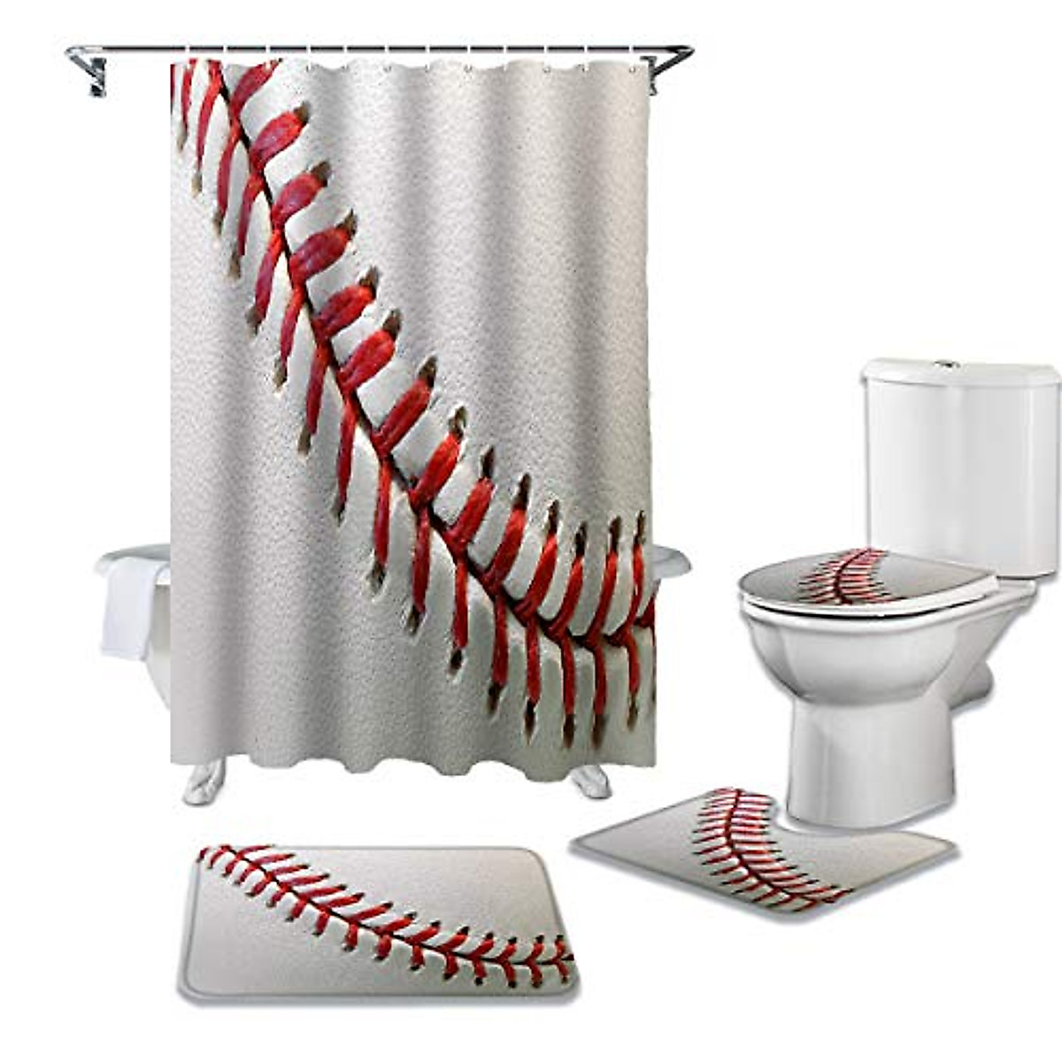 4 Pieces Bathroom Shower Curtain with Mats Set Sports Baseball Texture Closeup Background,Non-slip Bath Rugs Toilet Lid Cover U-shaped Carpet,Red and White Lines Laces Doormats Waterproof Curtains