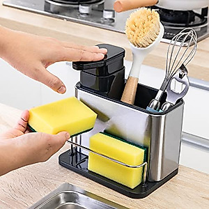 BIARTS Soap Dispenser for Kitchen Sink, 3-in-1 Sponge Holder for Kitchen Sink Caddy, Stainless Steel Kitchen Sink Organizer Tray Drainer Rack, Rustproof Dish Soap Dispenser Brush Holder Countertop