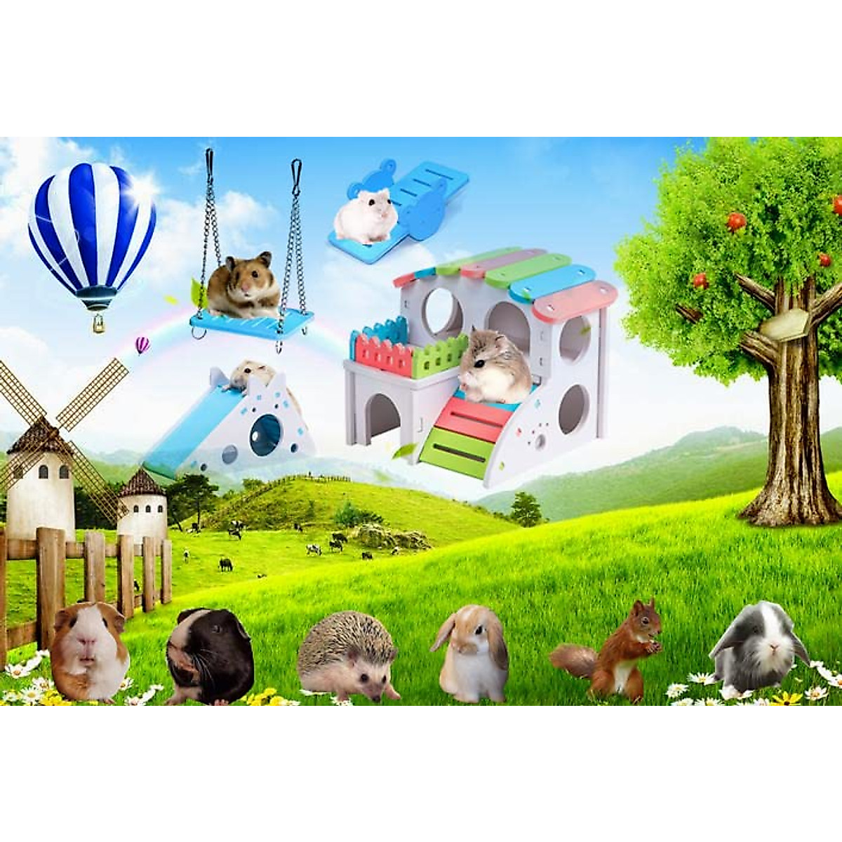 Magnoloran 4 Pack Hamster Toys Set Wooden Hamster House Guinea Pig Hideout Pet Sport Exercise Toys Hamster Cage Accessories Including Hamster Villa, Swing, Seesaw, Ladder for Gerbil Hamster Hedgehog