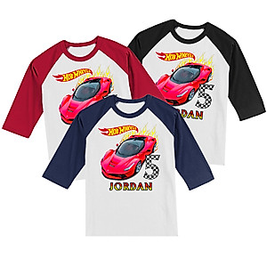 Personalized Hot Race Car Birthday Shirt | Personalized with Name and Age | Unisex 3/4 Sleeve Raglan T-Shirt