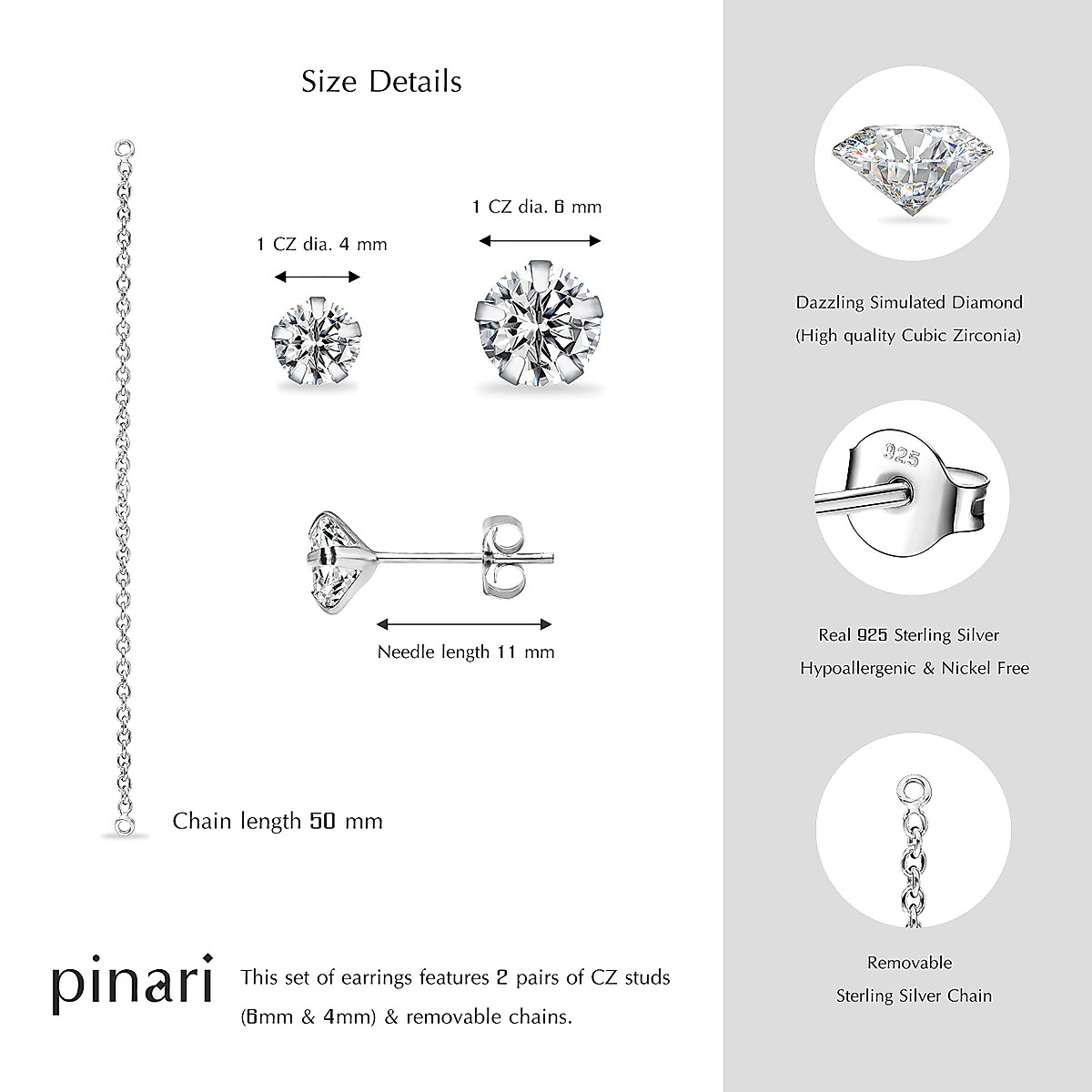 Pinari Chain Earrings Double Piercing with Detachable Chain - 2 Cubic Zirconia Studs 6mm & 4mm- 925 Sterling Silver Drop Dangle Earrings - Gift Box Included