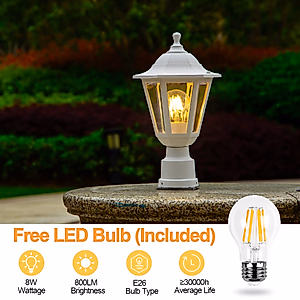 FUDESY Outdoor Post Light, Outdoor White Lamp Post Light Fixture with Pier Mount Base, Waterproof Pole Light Fixture with E26 Socket, Exterior Lamp Post Lantern for Garden Yard Patio Pathway