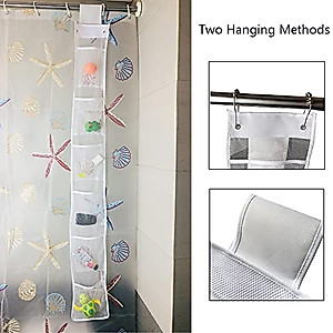 Sainal Hanging Mesh Shower Caddy Bag Long Storage Organizer with 6 Pockets Attaches to Shower Rod via Grommets or Hooks and Loop Strap for Bathroom (White)