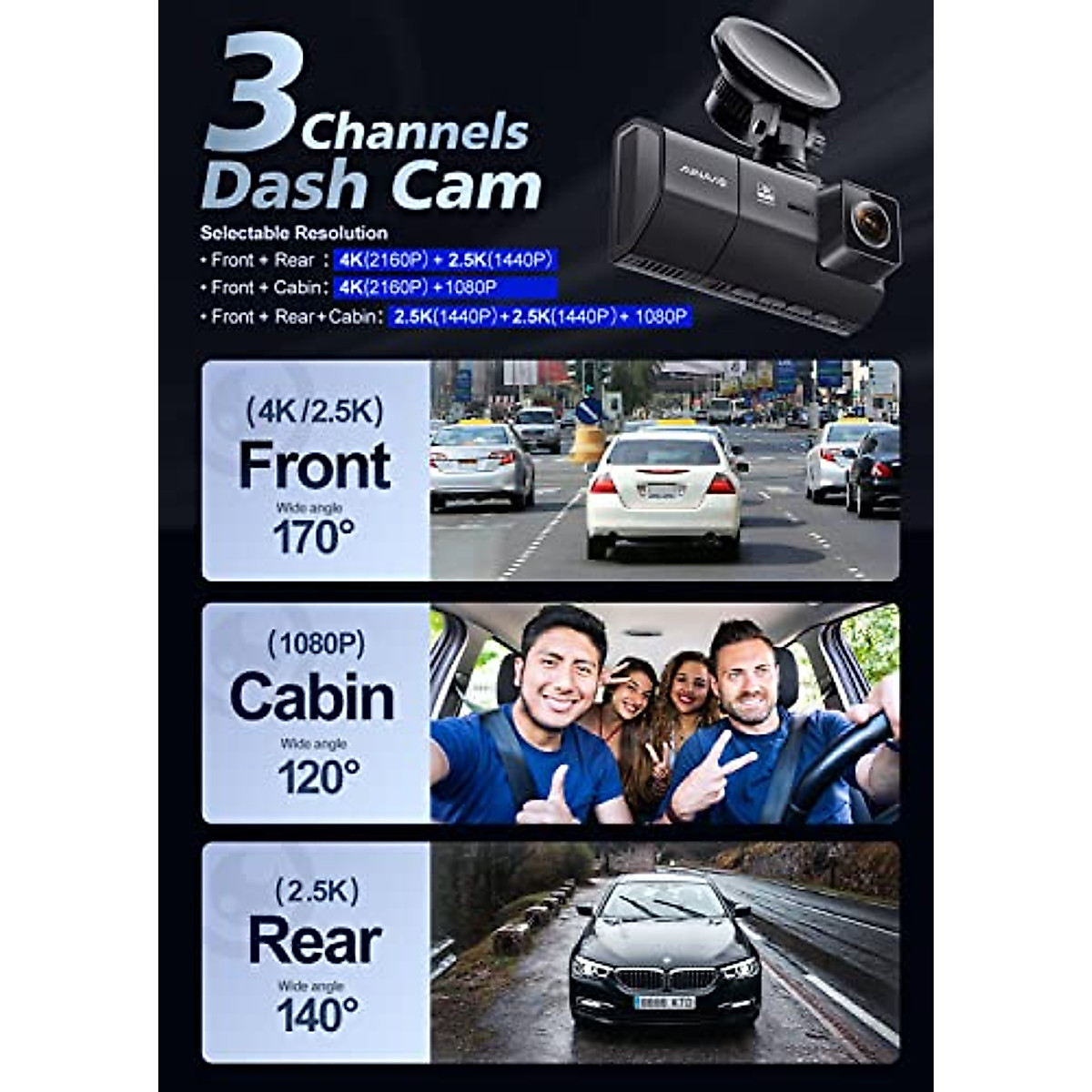 3 Channel 4K Dash Cam for Cars, 4K+2.5K Front and Rear Cabin, 1440P+1440P+1080P Triple Car Camera,Included 64GB Card, with GPS and WiFi Wireless , IPS Screen,24 Hour Parking Mode, APP,Night Vision,WDR