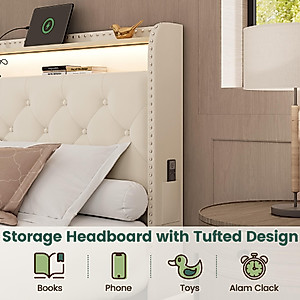 LARMACE King Size Bed Frame with LED Lights & USB Charging Station, Velvet Upholstered Platform Bed with Storage Headboard and 4 Drawers, No Box Spring Needed, Easy Assembly, Beige