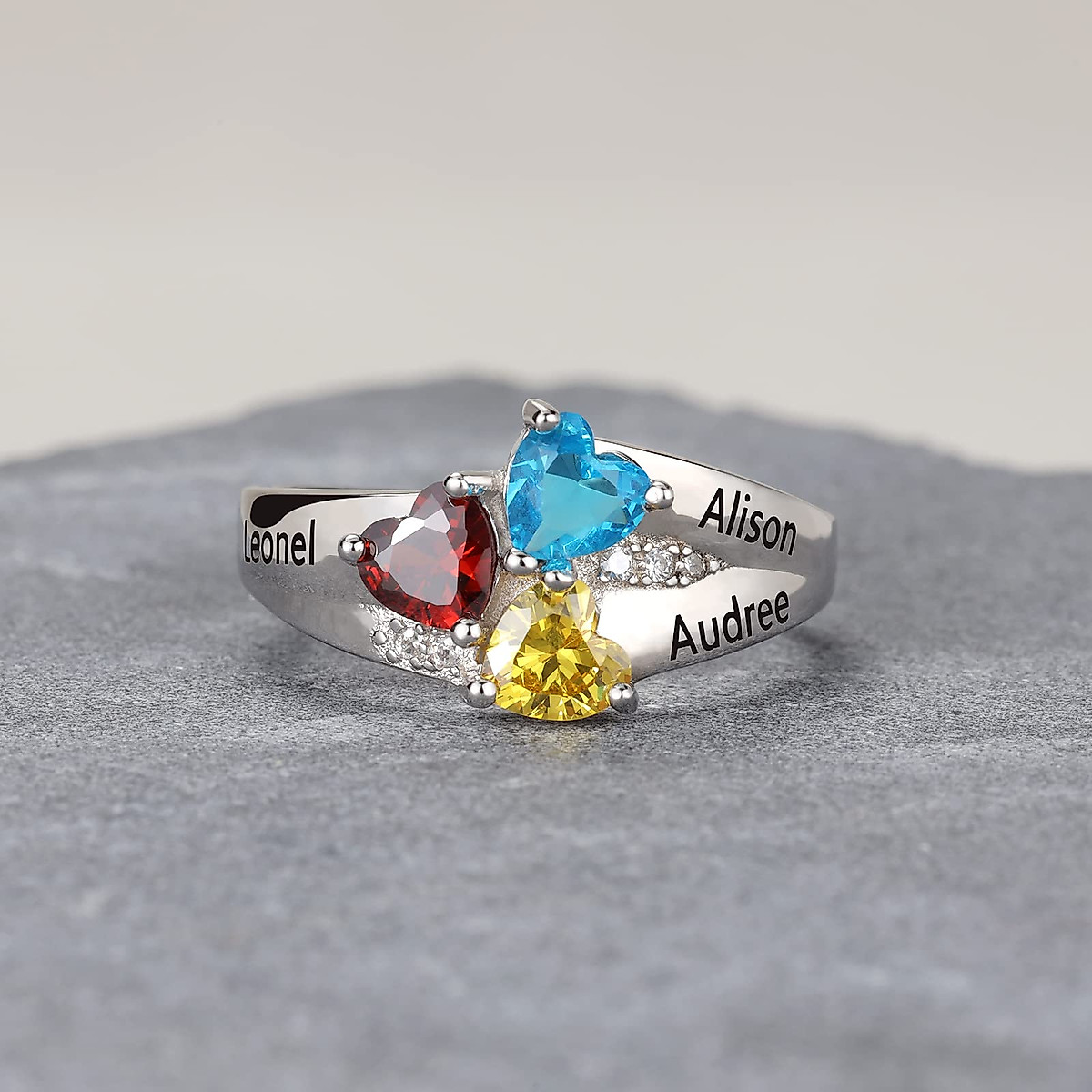 LanM Mothers Ring with 3 Birthstones Personalized Sterling Silver Rings for Women Custom Mom Rings with 3 Name Mothers Day Ring for Mom Grandmother Wife