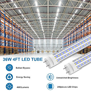 SHOPLED T8 LED Bulbs 4 Foot, 36W 6000K Cool White, Type B LED Tube Lights 4FT, D-Shaped, 4FT LED Bulbs Fluorescent Replacement, Ballast Bypass, 4 Pack