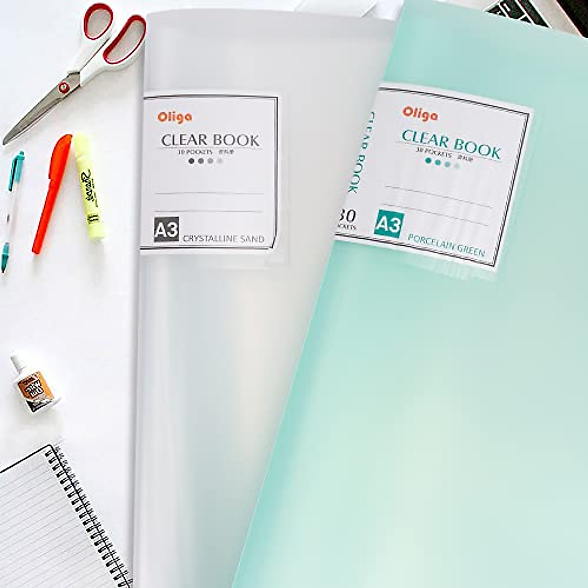 2 Pieces Diamond Painting Storage Book, A3 30 Pages Art Portfolio Presentation Folder Storage Bag, Clear Pockets Sleeves Protectors for Diamond Painting, Photos, Artworks, Posters(Light Green + White)