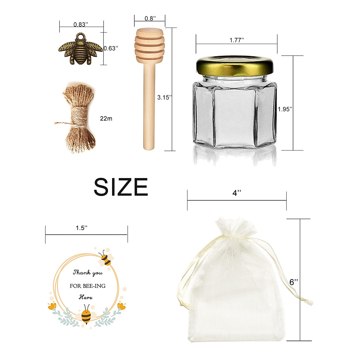 Adabocute 40 Pack Mini Honey Jars with Wood Dipper | Gold Lid | Bee Pendants| | Beige Gift Bags | Thanks for Beeing Here Tags | Ideal for Baby Showers & Wedding Favors