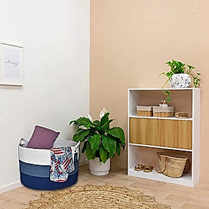 COMSE Extra Large Blanket Basket, Storage Basket, Laundry Basket, 21.7”x 13.8”, Laundry Hamper, Cotton Rope Basket, Blanket Basket Living Room, Toy Basket (White & Cadet Blue & Navy Blue)