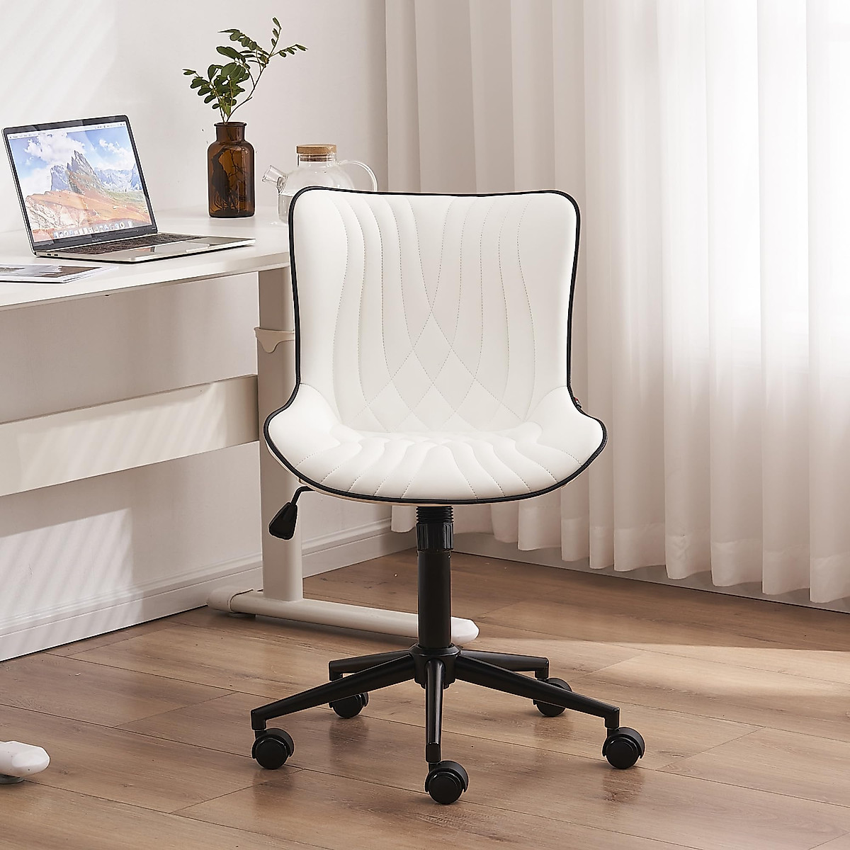 YOUTASTE Office Chair Modern Armless Desk Chair, Height Adjustable Swivel Rocking Computer Task Chair, Faux Leather Sewing Chairs with Wheels, Stylish Lounge Vanity Chair,White
